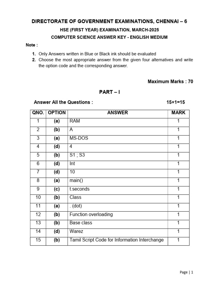 11th Computer Science EM Official Answer Keys To Public Exam March 2025 Question Paper English ...