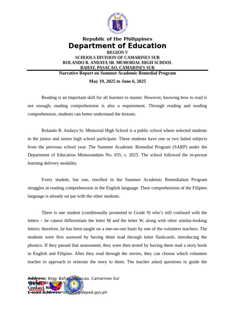 Narrative Report On Summer Academic Remedial Program | PDF | Reading ...