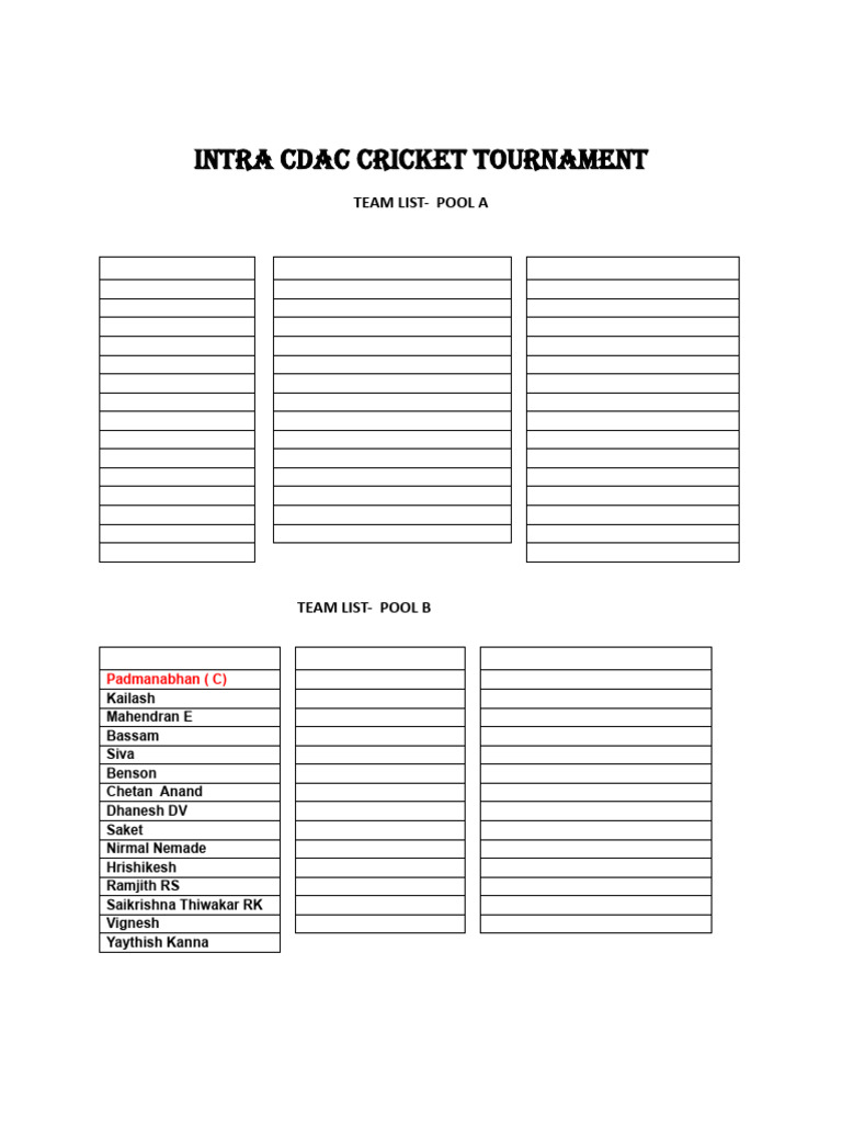 Intra Cdac Cricket Tournament - Team List 2025 | PDF