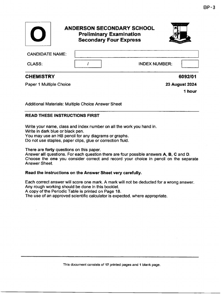 Olevel PureChemistry 2024 SA2 Anderson | PDF