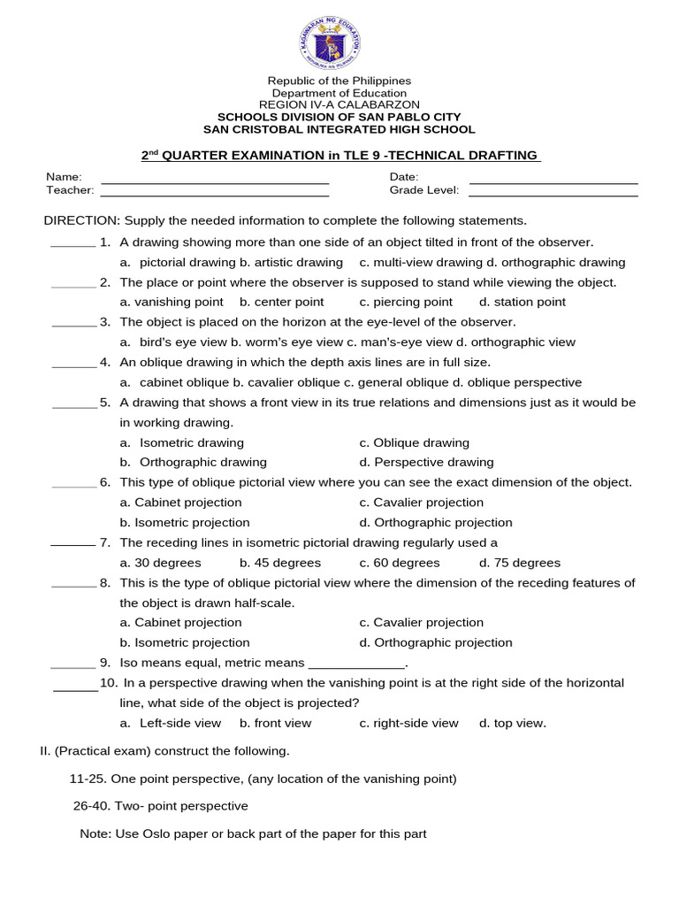 Exam Drafting 9 - 2nd Quarter | PDF | Geometry | Projective Geometry