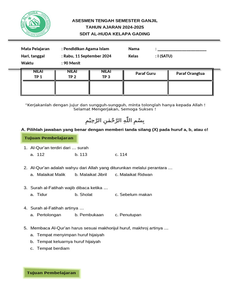 Soal Ats Pai Kelas 1 | PDF