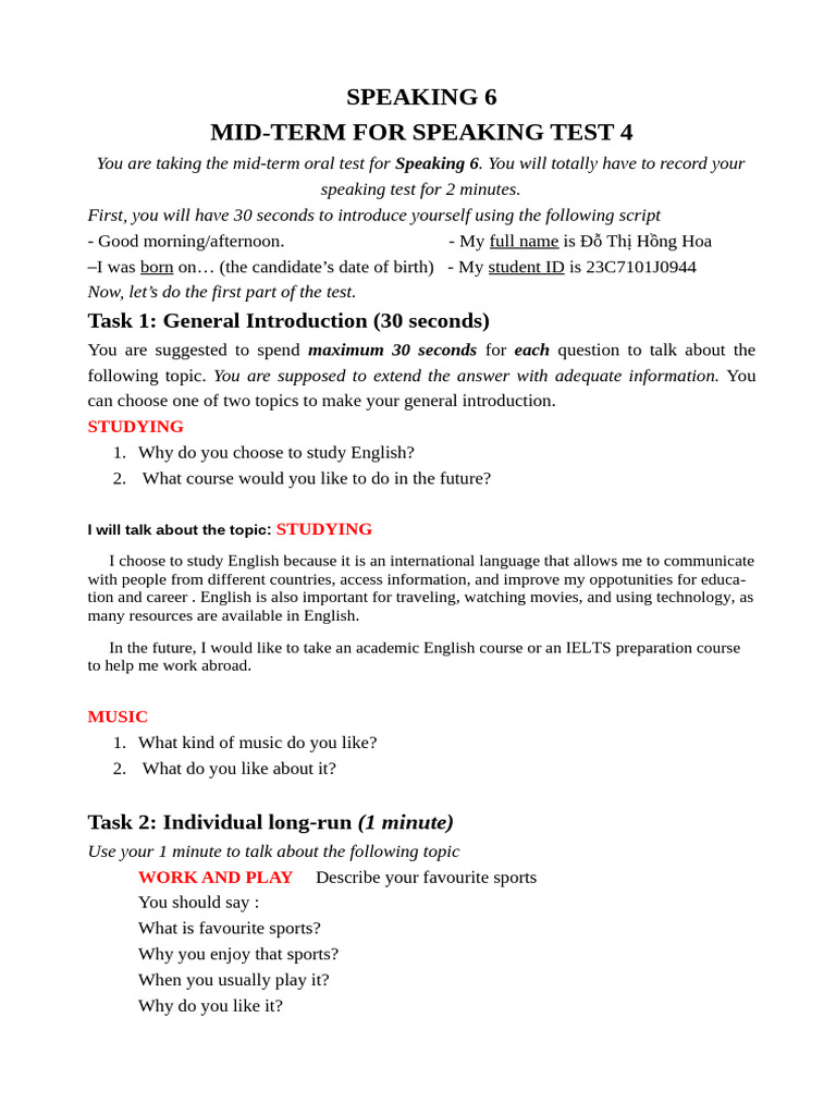 Mid-Term Speaking Test Guidelines | PDF | Sports | Human Communication