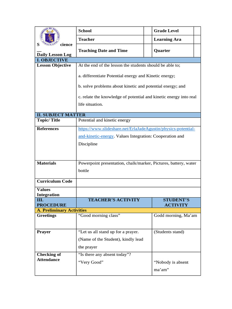 4es Detailed Lesson Plamn | PDF | Kinetic Energy | Teachers