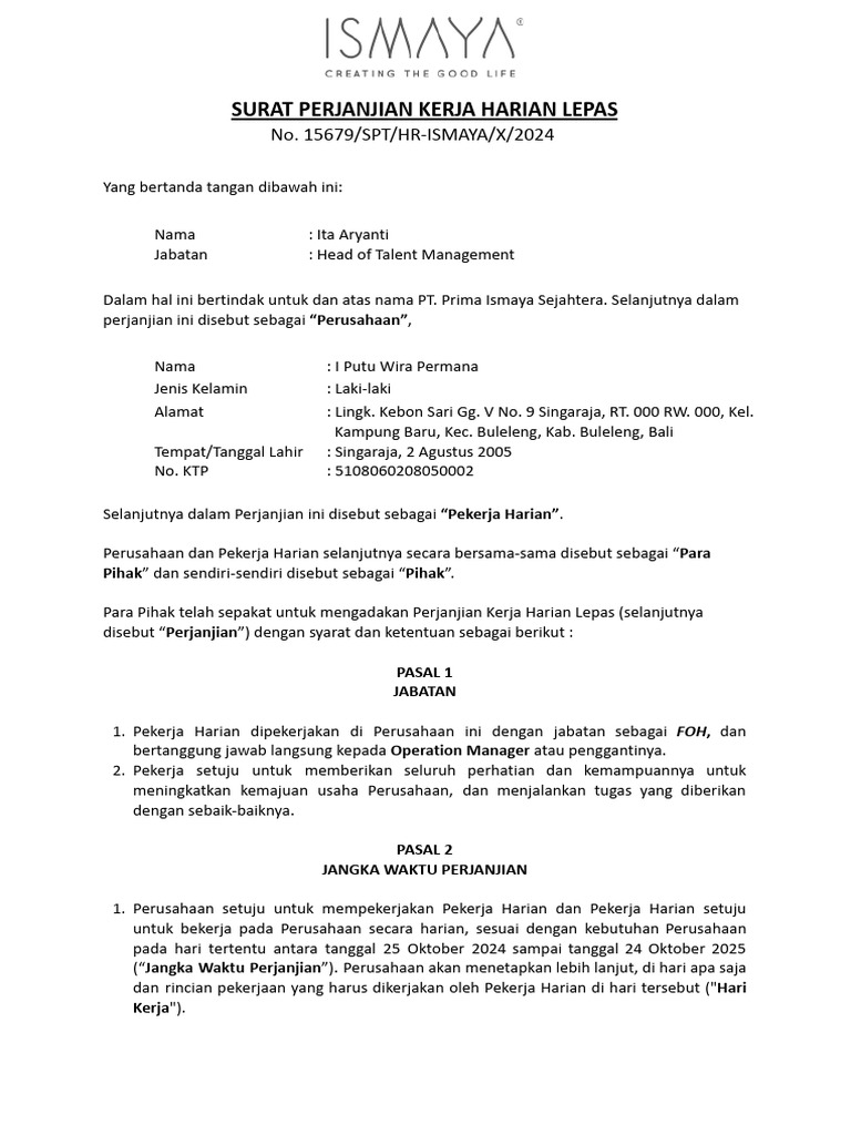 I Putu Wira Permana - Manarai - Surat Perjanjian Kerja Harian Lepas | PDF