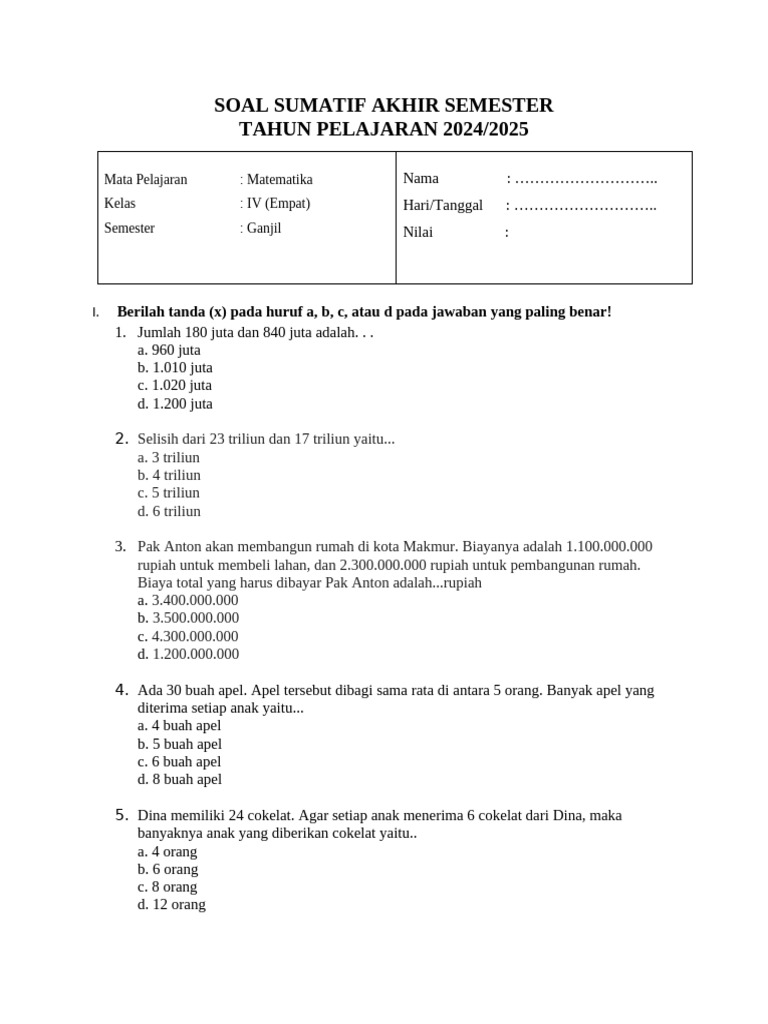 Soal Sas 1 Mtk Kelas 4 | PDF