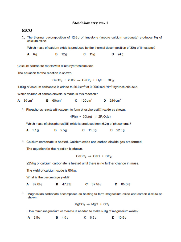Stoichiometry Ws 1 | PDF