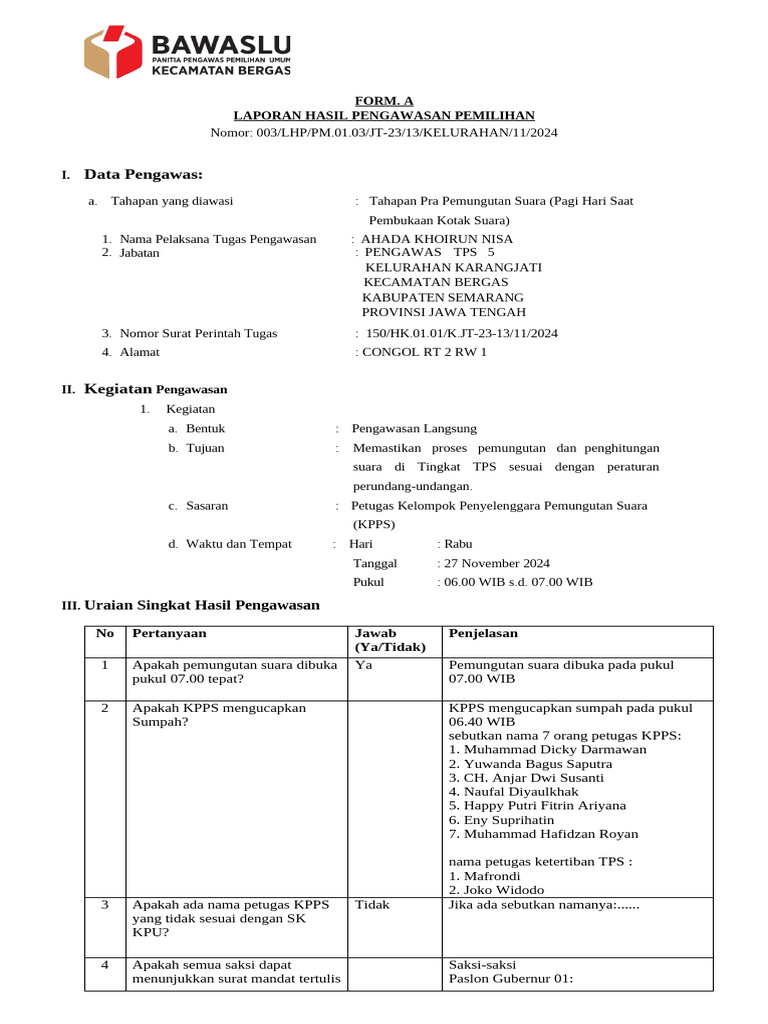 (Tps 5) 3. Form A Ptps Pengawasan Saat Pagi Pembukaan Kotak Suara.. | PDF