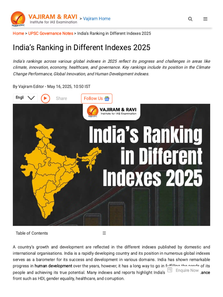 India's Ranking in Different Indexes 2025, Latest Global Rank | PDF ...