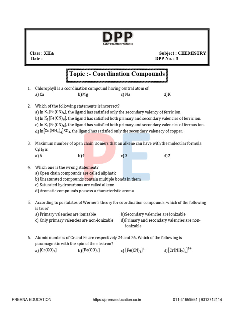 Coordination Compounds DPP 3 | PDF | Valence (Chemistry) | Coordination Complex