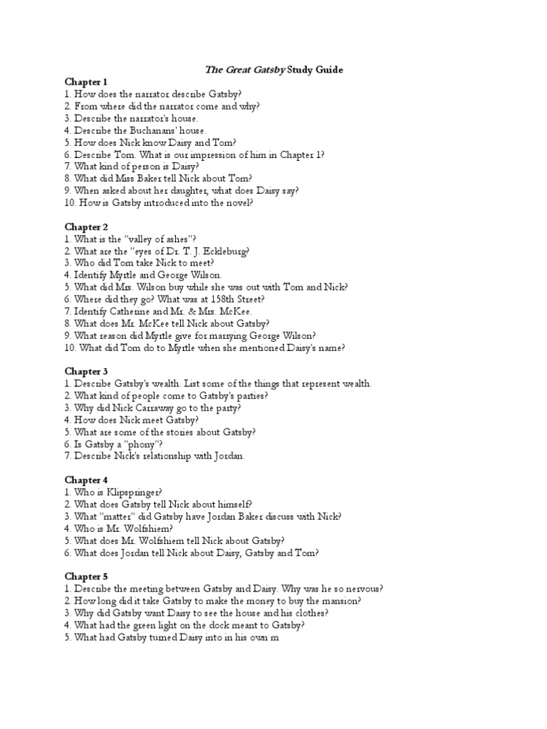 The Great Gatsby Study Guide | PDF | The Great Gatsby | Novels