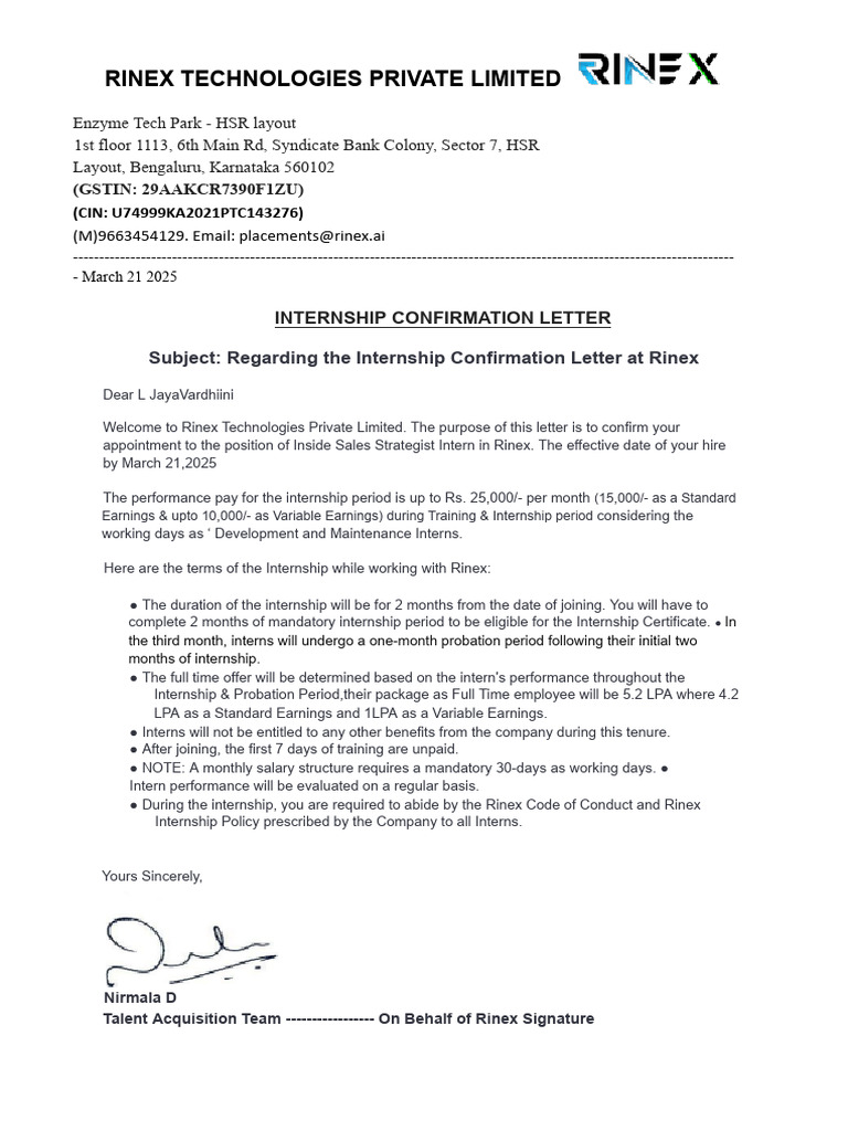 Internship Confirmation Letter-L Jayavardini | PDF