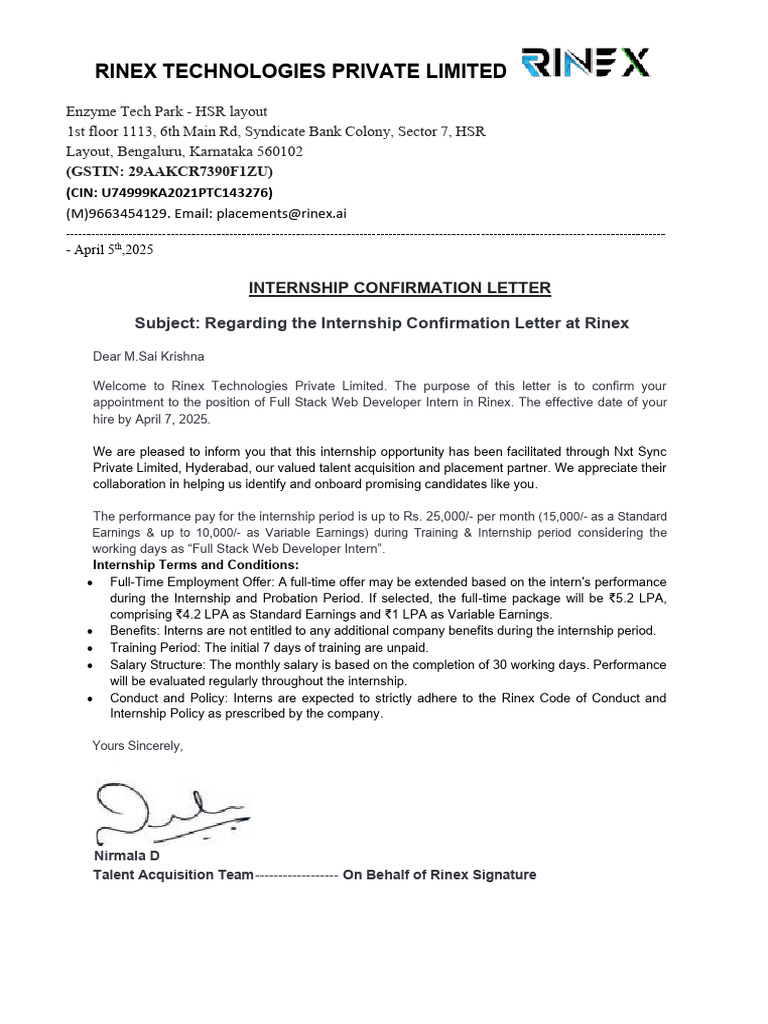 Rinex Full Stack Intern Offer Letter | PDF