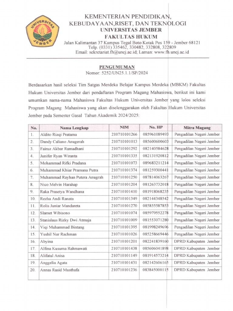 Pengumuman Peserta MBKM 2024 | PDF