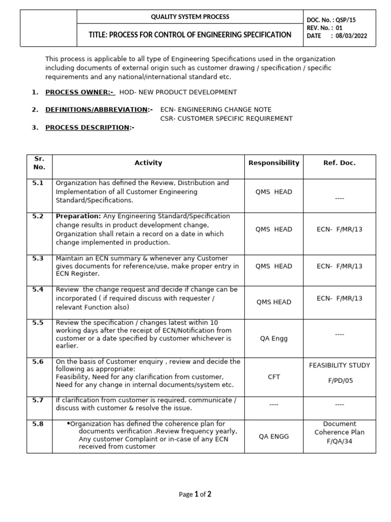 15.(QSP-15) Process for Control of Engineering Specification | PDF | Specification (Technical ...