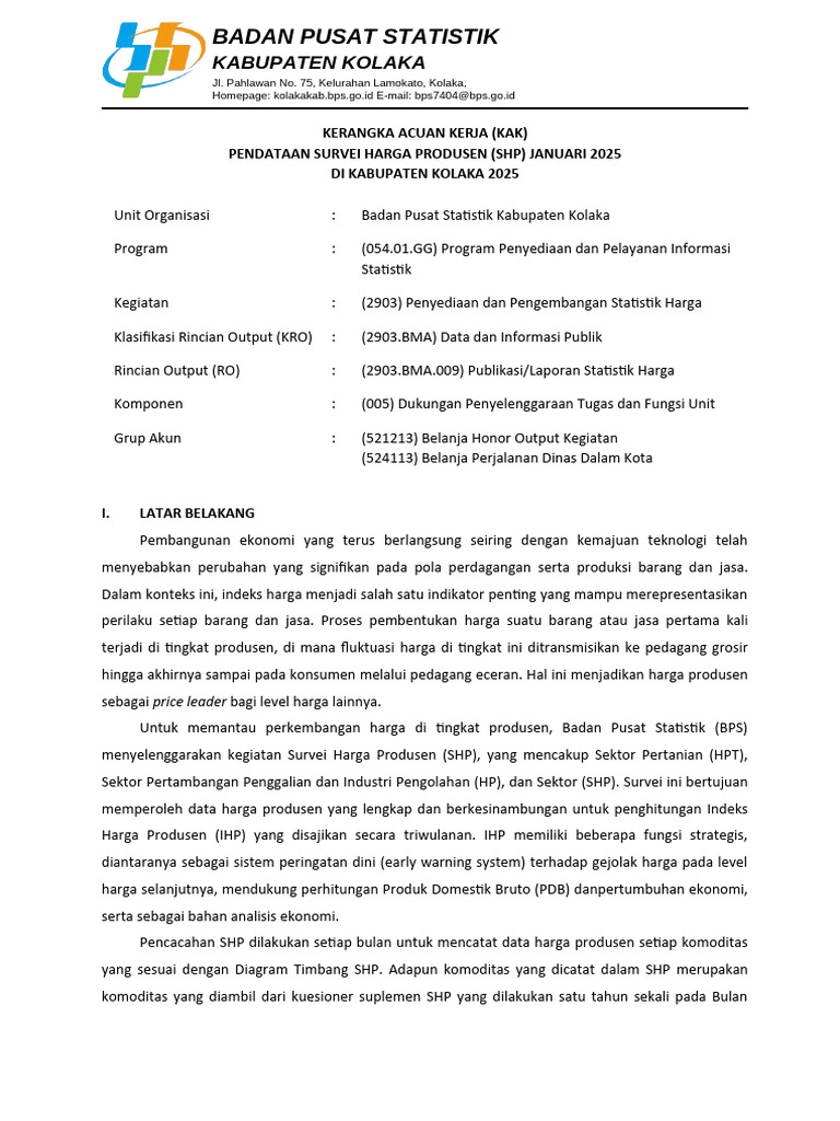 KAK - Survei Harga Produsen (SHP) - Diperiksa PPK | PDF
