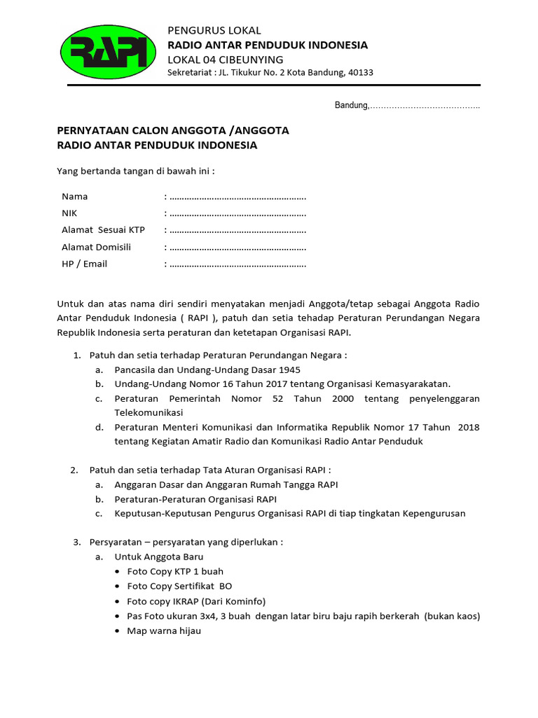 Formulir Masuk RAPI | PDF