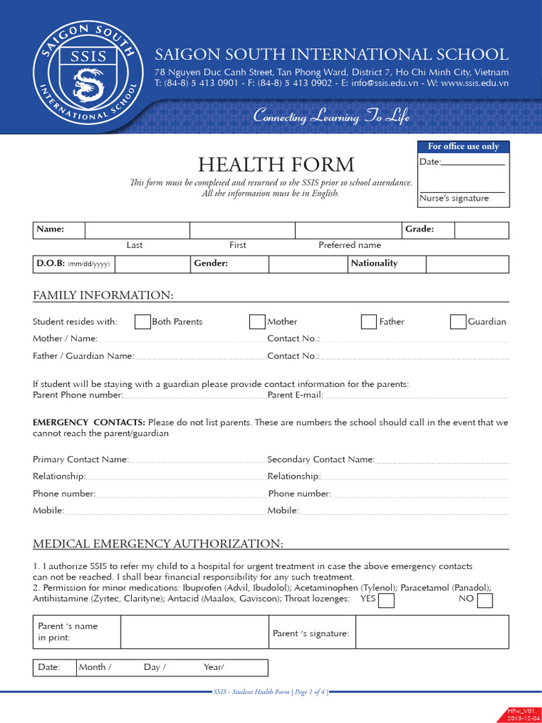SSIS Student Health Form | PDF | Vaccines | Diseases And Disorders