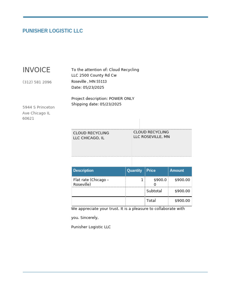 Punisher Logistic Invoice for Cloud Recycling | PDF