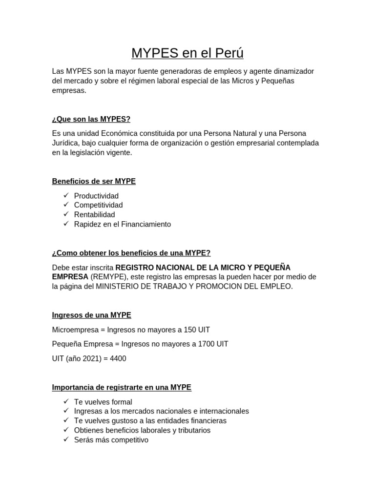 Beneficios y Registro de MYPES en Perú | PDF