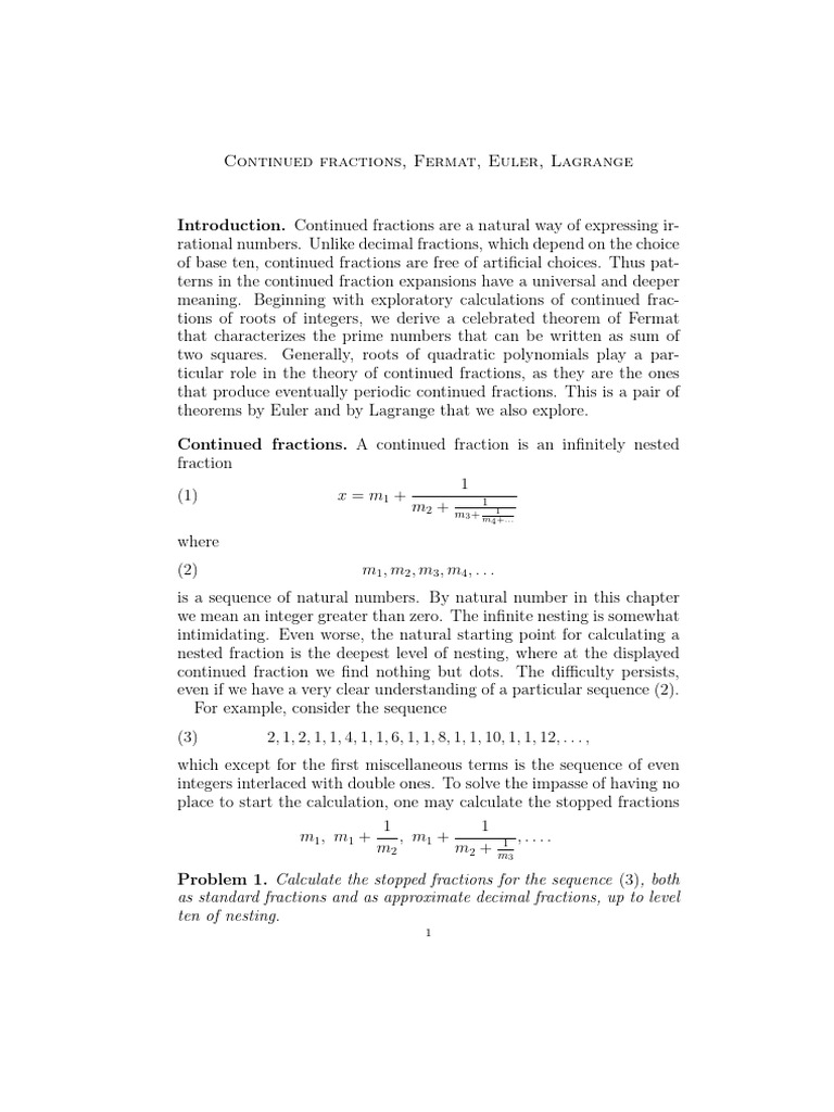 Continued Fractions, Fermat, Euler, Lagrange | PDF | Numbers | Mathematical Objects