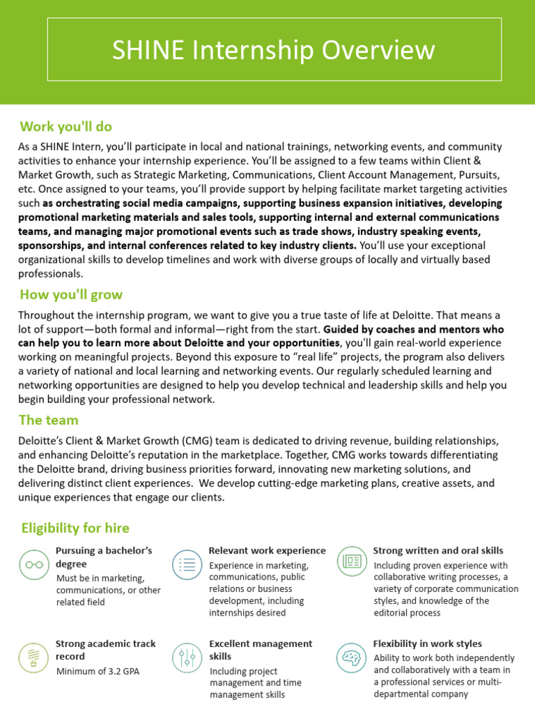 Us About Deloitte Shine Internship Overview | PDF | Marketing | Internship