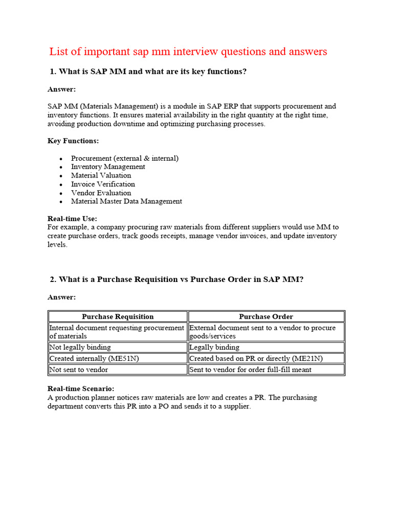 SAP MM Interview Questions | PDF | Receipt | Procurement
