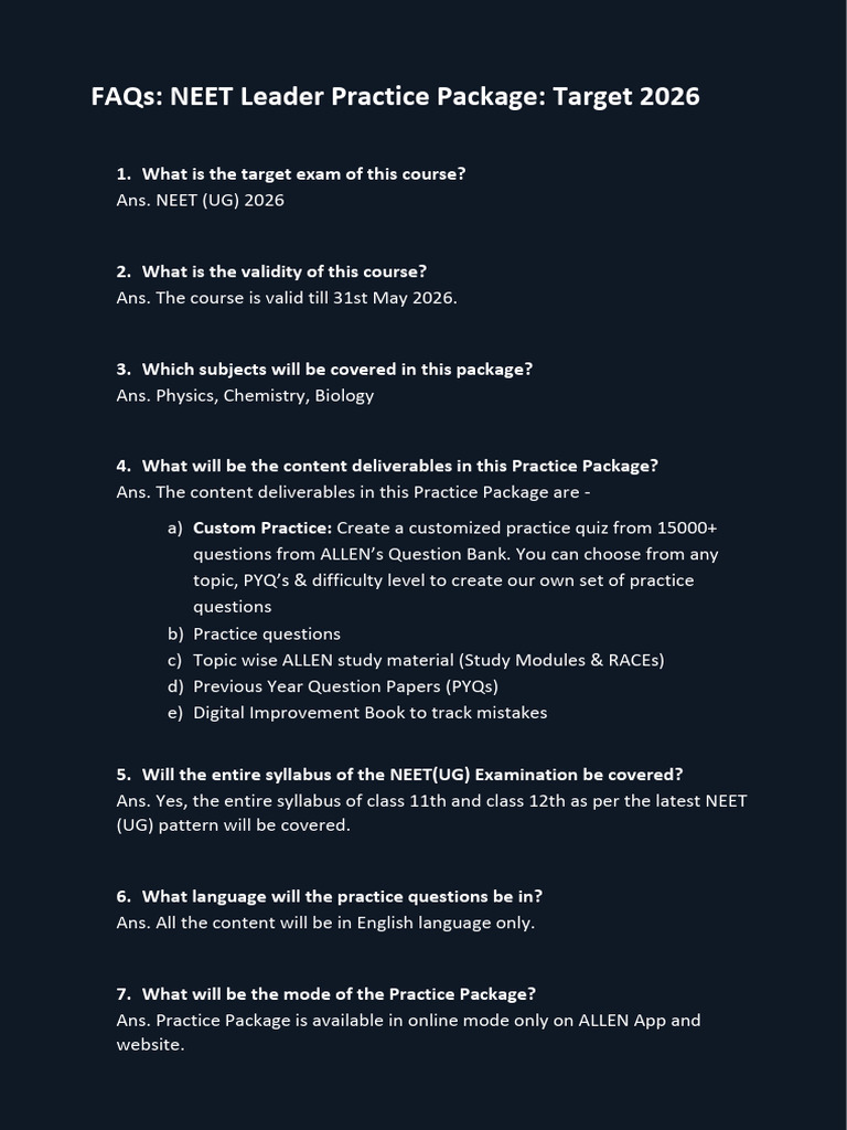 FAQs NEET Leader Practice Package-Target 2026 Celhph | PDF