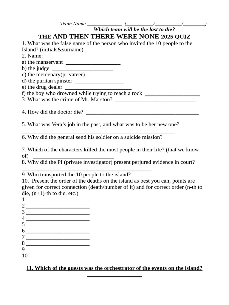 And Then There Were None Quiz 2025 | PDF