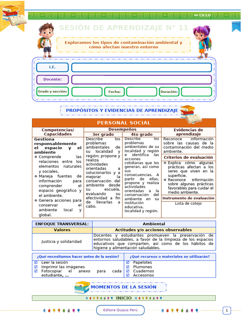 Sesiones de Aprendizaje - Semana 2 - UDA IV - Editora Quipus Perú | PDF | Contaminación ...