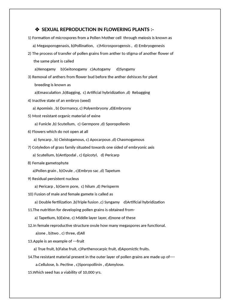 Sexual Reproduction in Flowering Plants MCQ | PDF | Flowers | Pollen