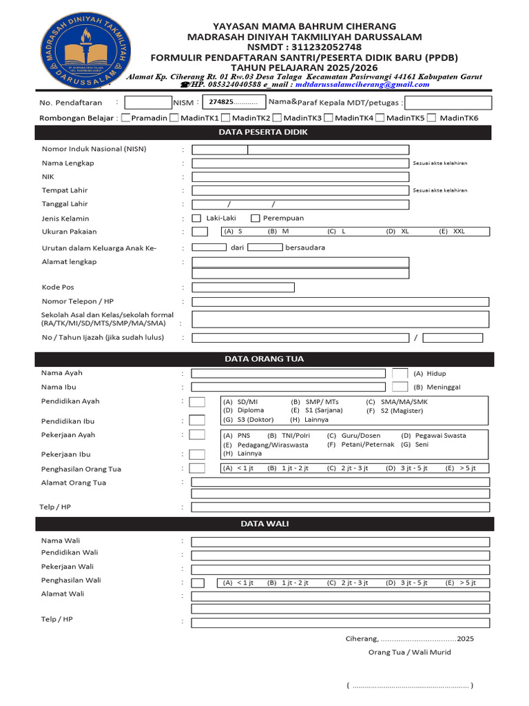 Form Pendaftaran PPDB 2025 MDT Darussalam | PDF