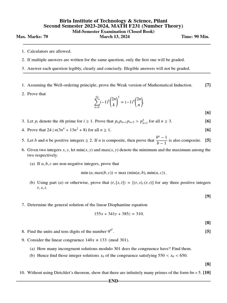 1158 MATH F231 20240519112300 Mid Semester Question Paper | PDF ...