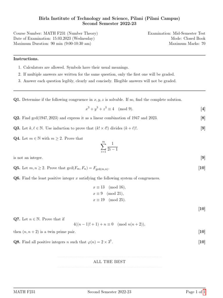 1155 MATH F231 20230525065959 Mid Semester Question Paper | PDF | Mathematics | Abstract Algebra