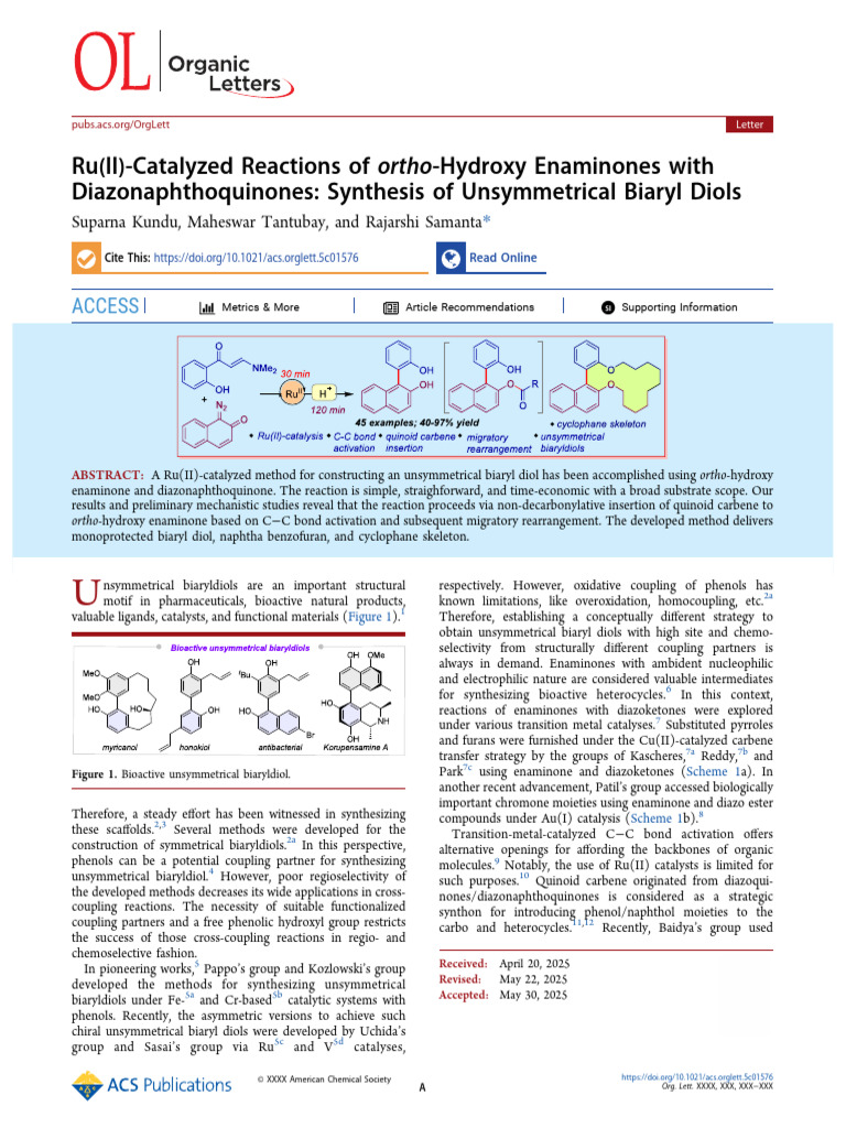 Kundu Et Al 2025 Ru (II) Catalyzed Reactions of Ortho Hydroxy Enaminones With ...