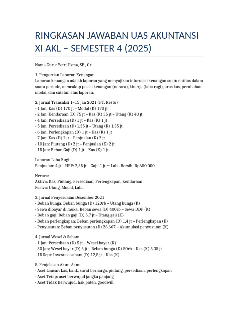 Ringkasan UAS Akuntansi XI AKL 2025 | PDF