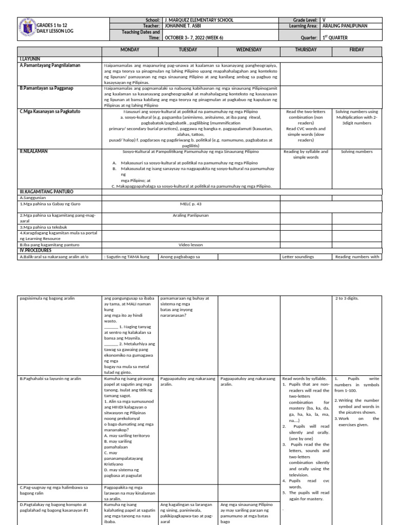 DLL Araling Panlipunan 5 q1 w6 | PDF