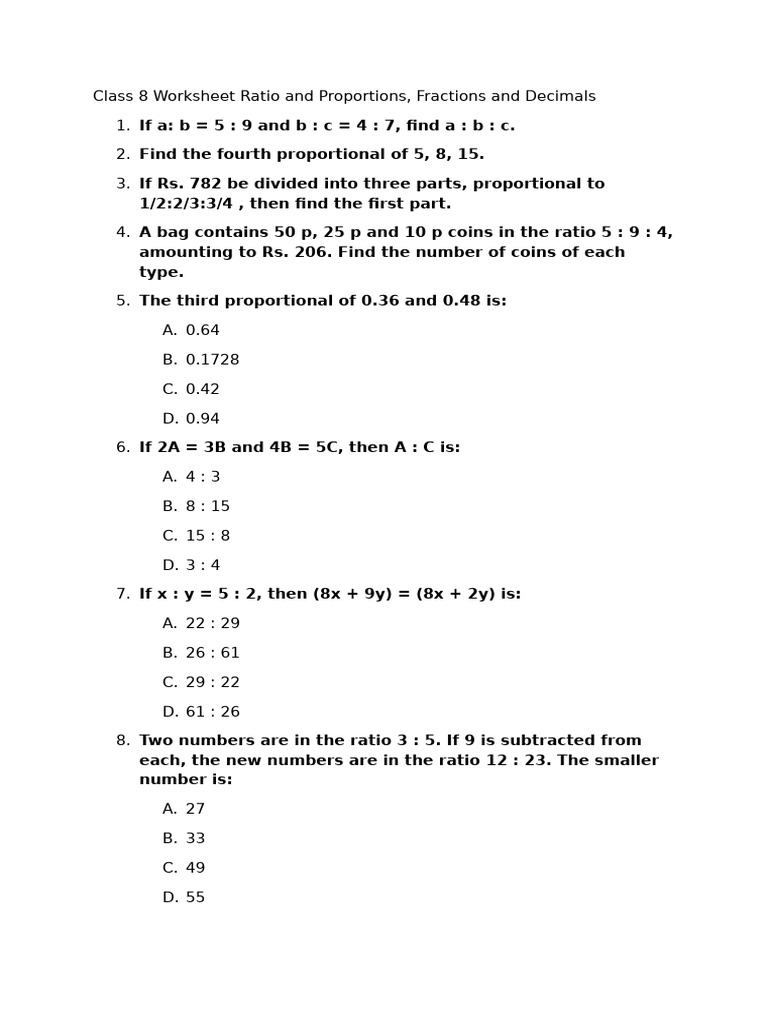 Class 8 Ratio and Proportion Worksheet | PDF | Ratio | Odds