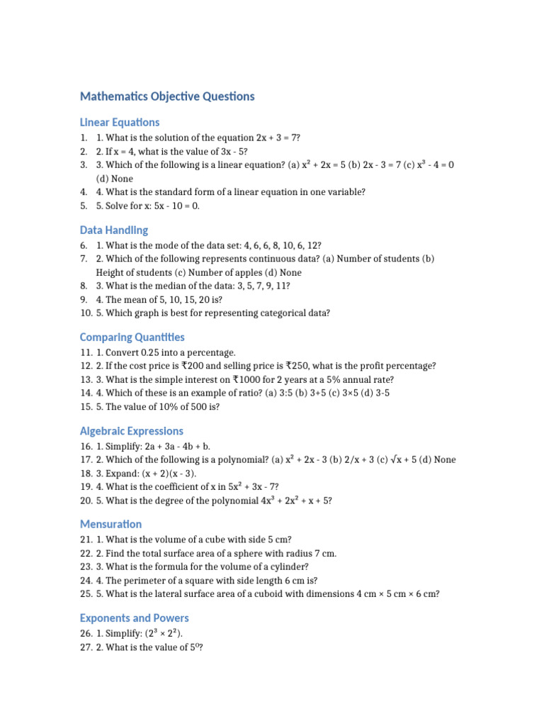 Maths Objective Questions | PDF | Equations | Mathematical Objects
