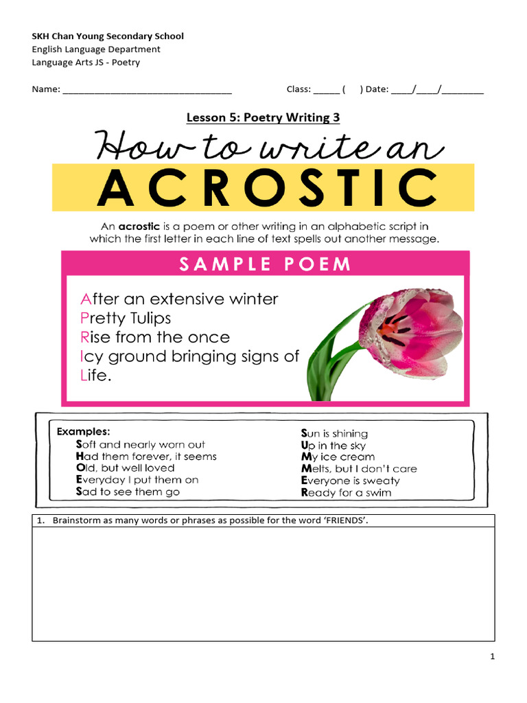 1h07 Li Ka Yi 李嘉兒 - Ws Js La c5 24-25 Write - Acrostic Poem | PDF