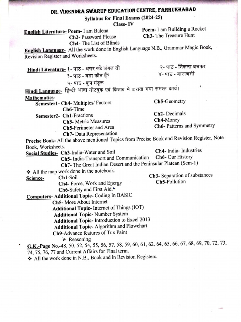 Class-IV Syllabus of Final Exams (24-25) | PDF