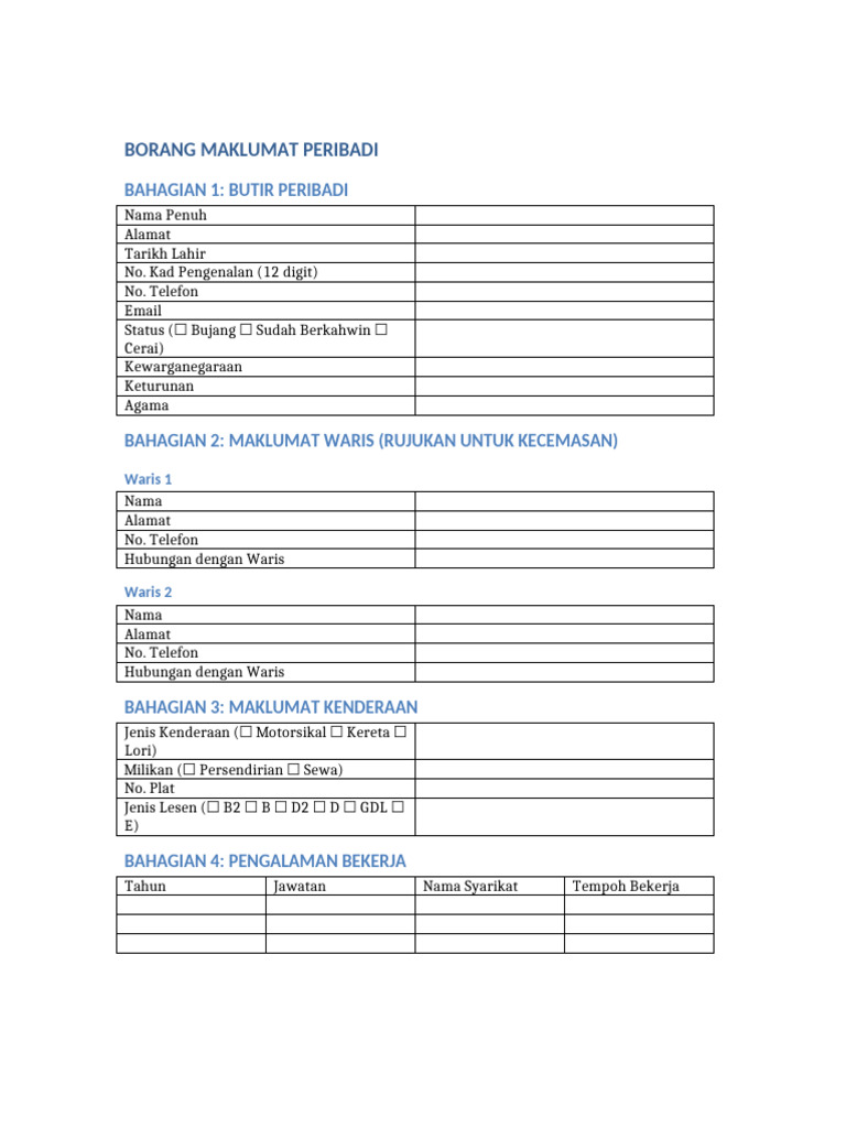 Borang Maklumat Perkhidmatan Kemas | PDF