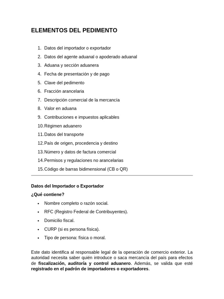 Elementos Clave del Pedimento Aduanal | PDF | aduana | El comercio ...