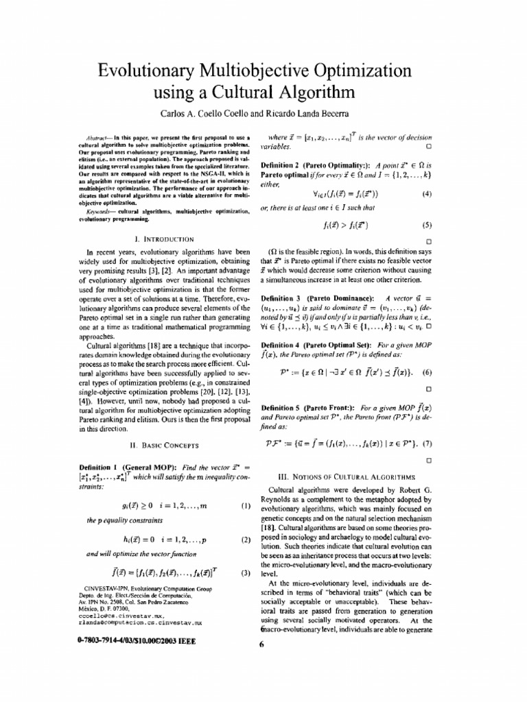 Evolutionary Multiobjective Optimization Using A Cultural Algori | PDF ...