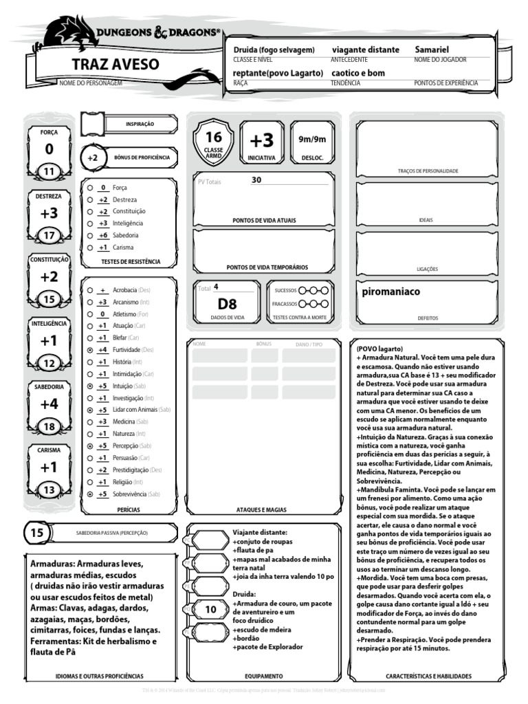 Ficha de Personagem: Druida Aveso | PDF