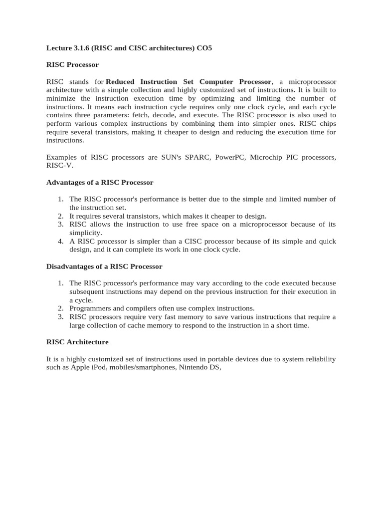 Lecture 3.1.6 (RISC and CISC Architectures) | PDF | Central Processing Unit | Office Equipment