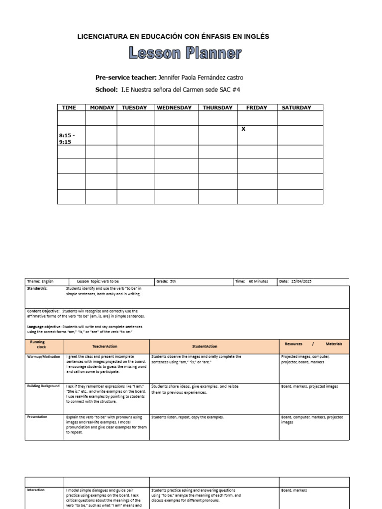 Lesson Planner Verb To Be Pdf Language Mechanics Grammar