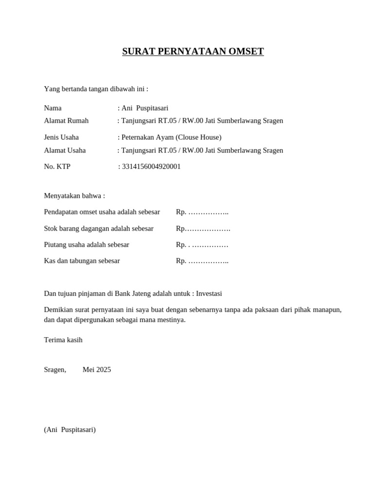 Surat Pernyataan Omset Baru | PDF