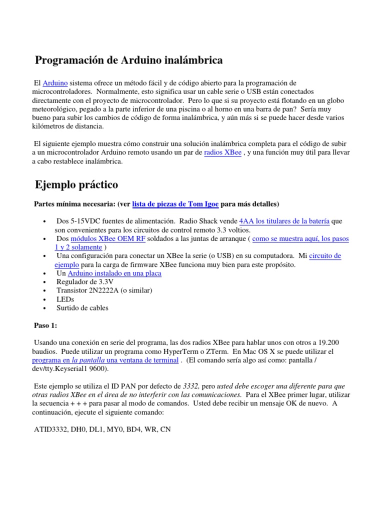 Programación inalámbrica de Arduino utilizando radios XBee | PDF | Arduino | Microcontrolador