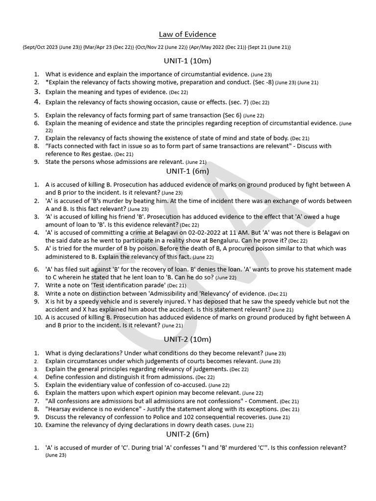 Law of Evidence Imp Ques | PDF | Prosecutor | Evidence (Law)